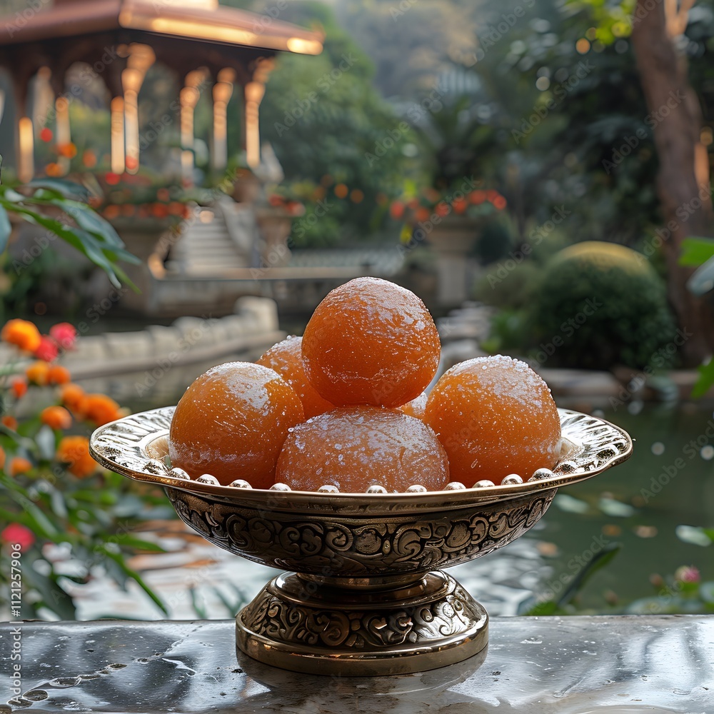 Single gulab jamun on a ornate Indian sweet dish captured in natural ...
