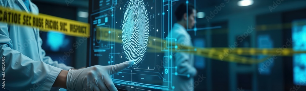 Forensic expert examines fingerprint scan on tech screen. Crime scene ...
