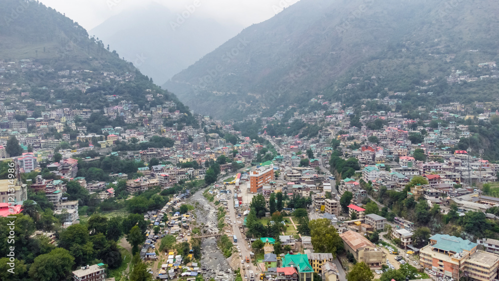 Aerial view of himalayan mountains at kasol himachal pradesh. Small ...