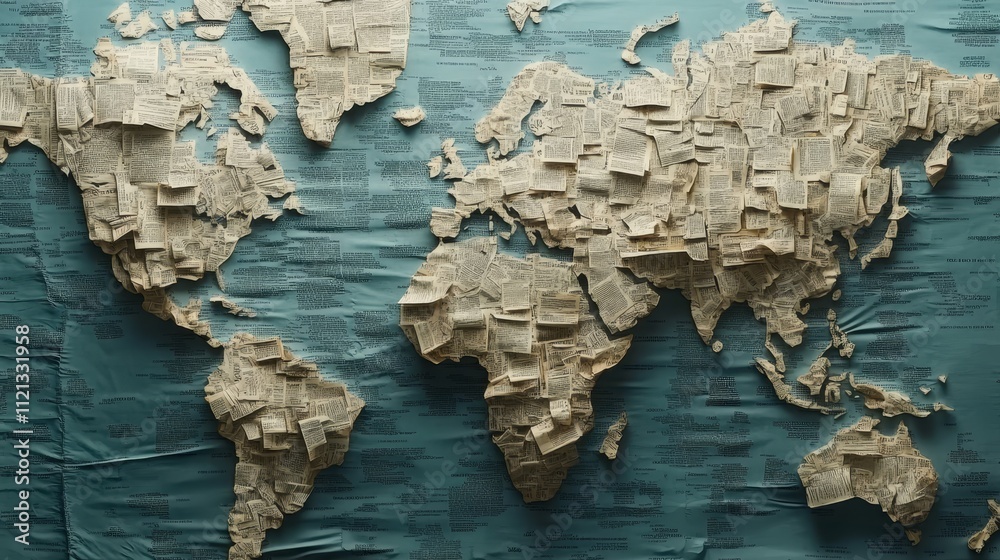 World map collage on teal background, vintage paper layers, creative ...