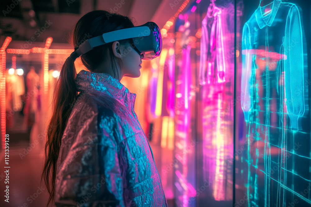 Holographic Fashion Try-On..A young woman in a sleek urban living room ...