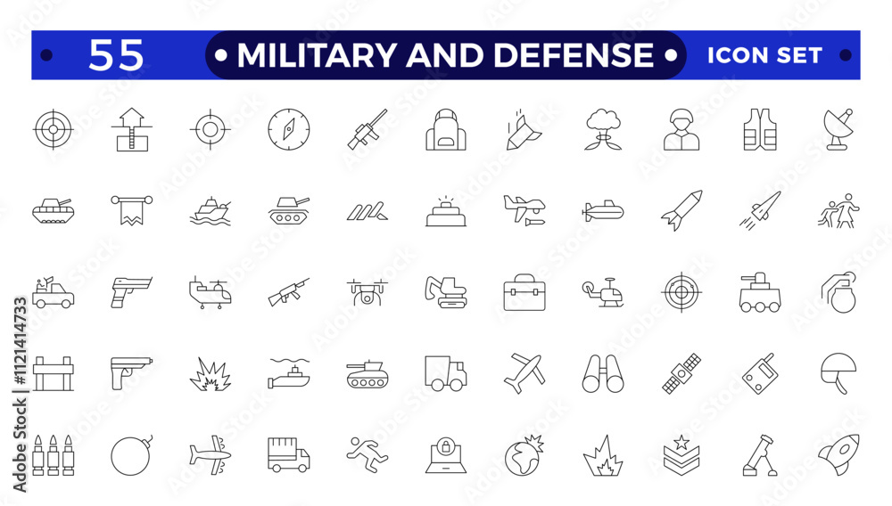 Military equipment, combat war weapon line icon set. Missile bomb and ...