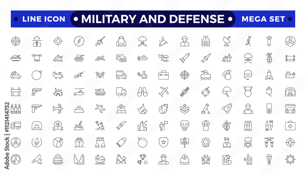 Military equipment, combat war weapon line icon set. Missile bomb and ...