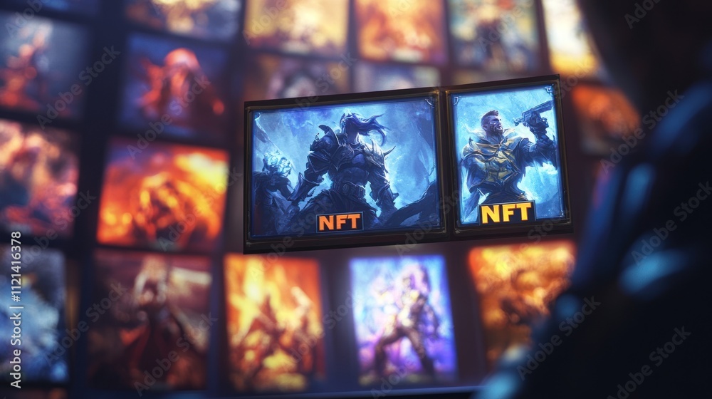 TEXT "NFT" in a bold, collectible trading cards font, with a blurred ...