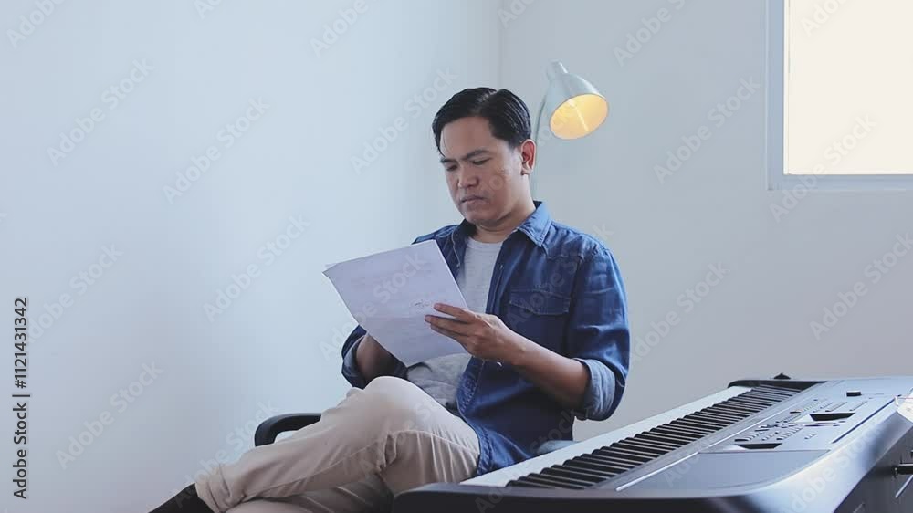 Asian Male Songwriter Writing A Song On Music Sheet While Sitting By ...