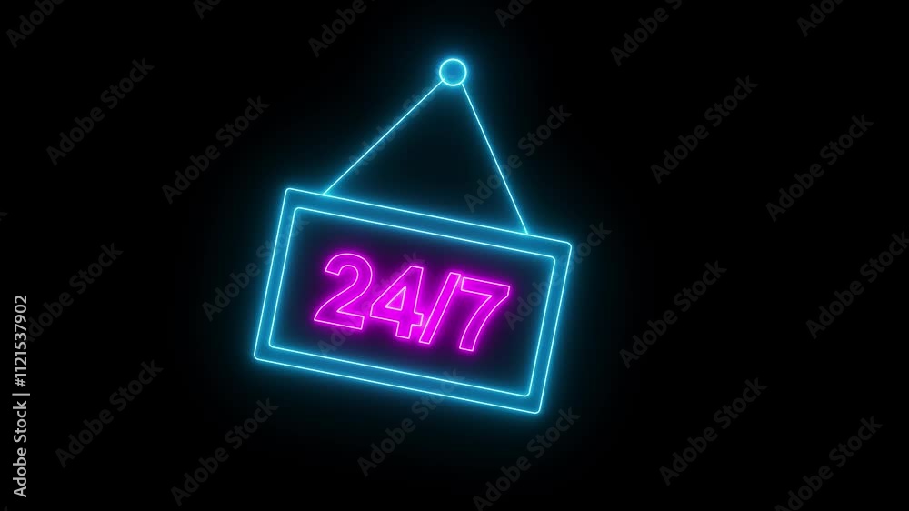 Neon 24/7 Text Animation Time clock animated icon glow effect. Scaling ...
