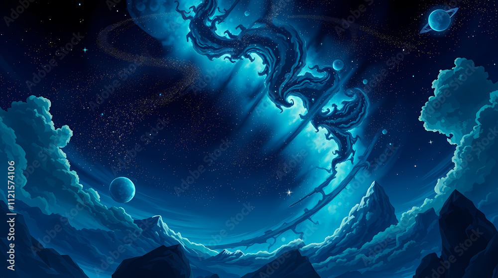 Anime Style dark blue, night-like space scene. A luminous, swirling ...