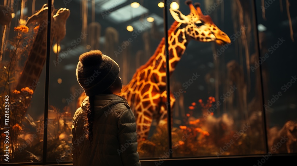 Captivated child in a yellow hat admires a giraffe up close, embracing ...