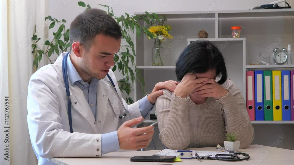 A young doctor in the office, receives a middle-aged woman, disabled ...