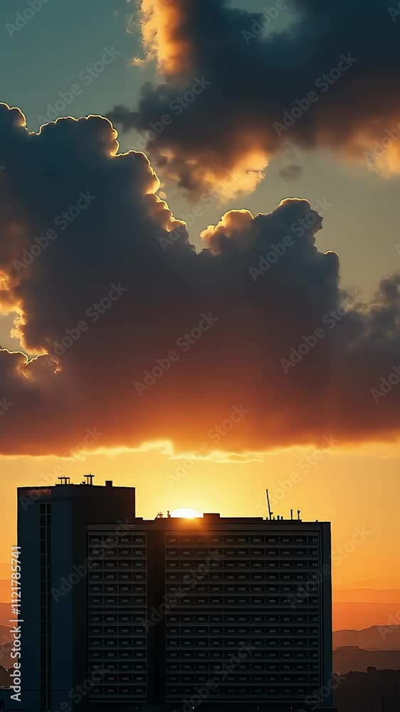 Symbols of hope. Stunning cityscape with a vibrant sunset behind a tall ...