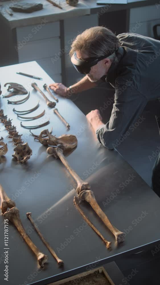 Modern archaeological lab: High angle of mature archaeologist in VR ...