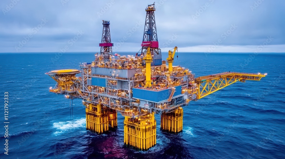 Aerial View of a Modern Offshore Oil Rig in a Vast Ocean Under Dramatic ...