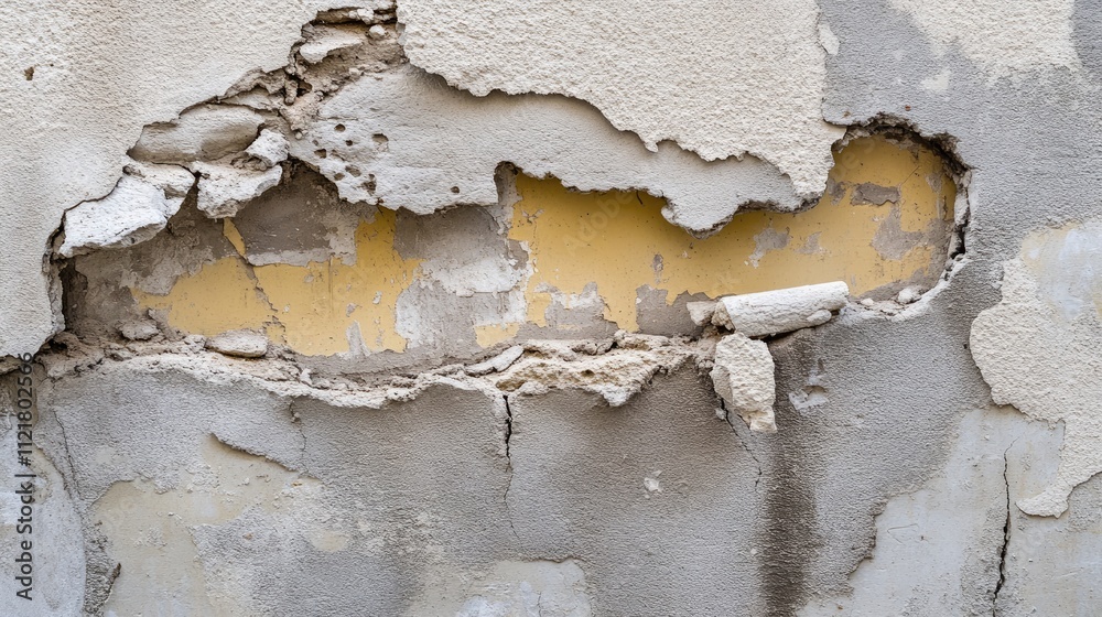 Damaged wall with exposed internal steel bars and deteriorating plaster ...