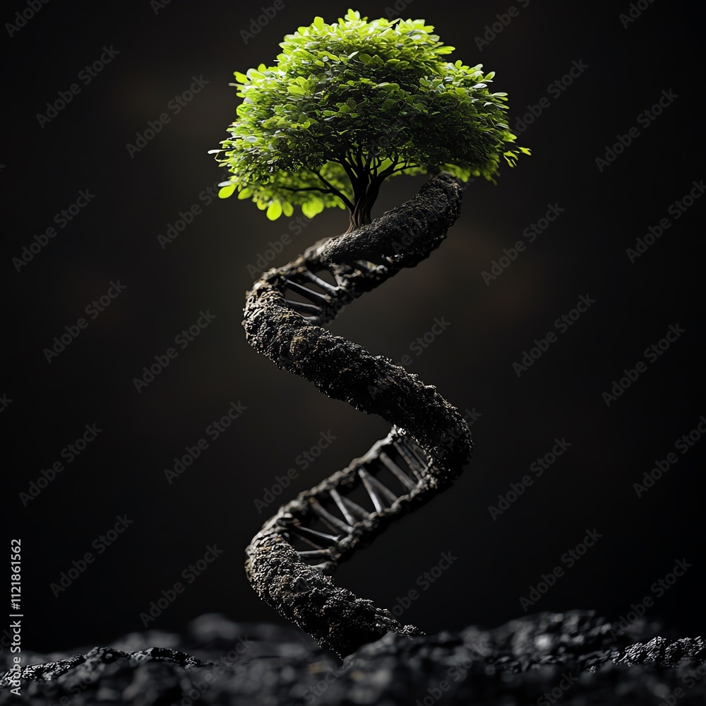 A tree growing from a DNA strand, roots deep in the earth, symbolizing ...