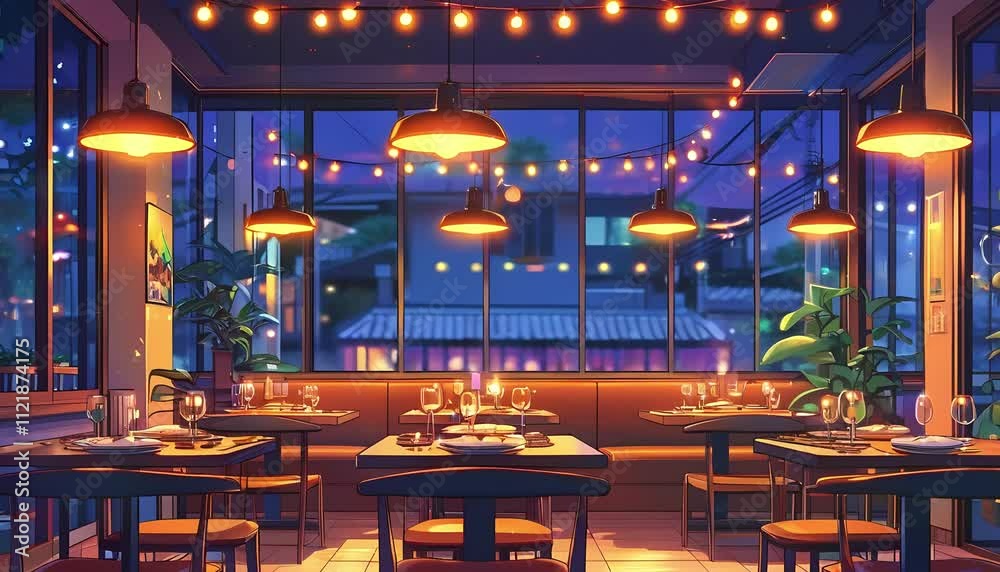 Animated virtual backgrounds, Rainy Evening restaurant with bright ...