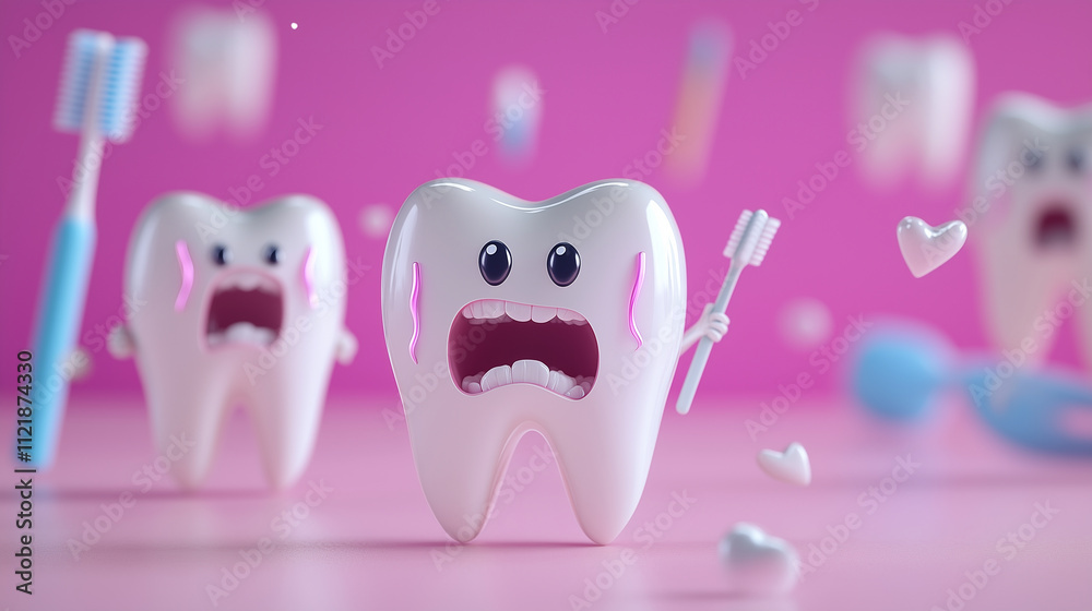 Three cartoon teeth with cracks and funny, over-the-top pain ...