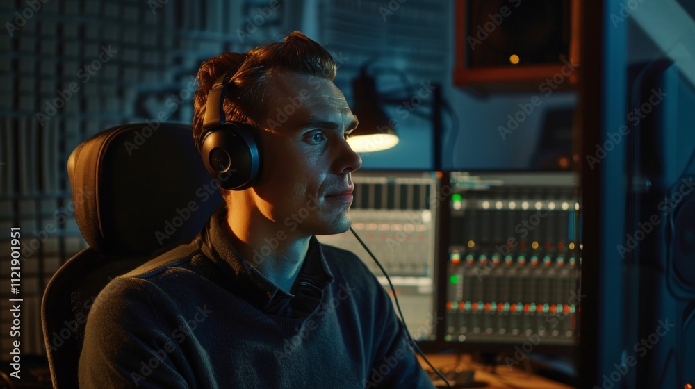 Voice actor in professional studio recording with ai transcription ...