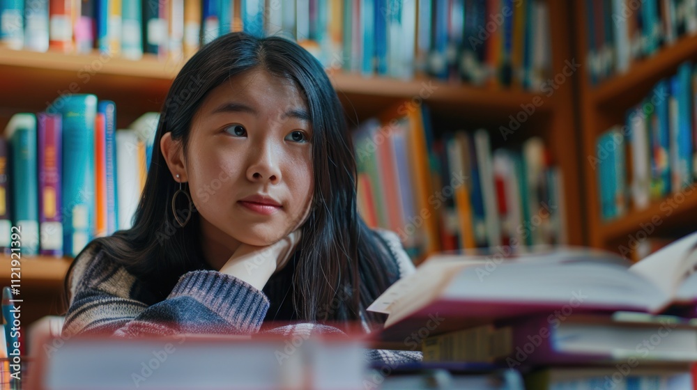 An Asian adult student studying in a campus library, surrounded by ...