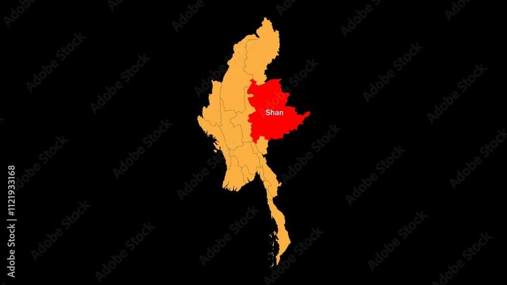 Shan map animated video. The location is highlighted on the myanmar map. Colour map with ...
