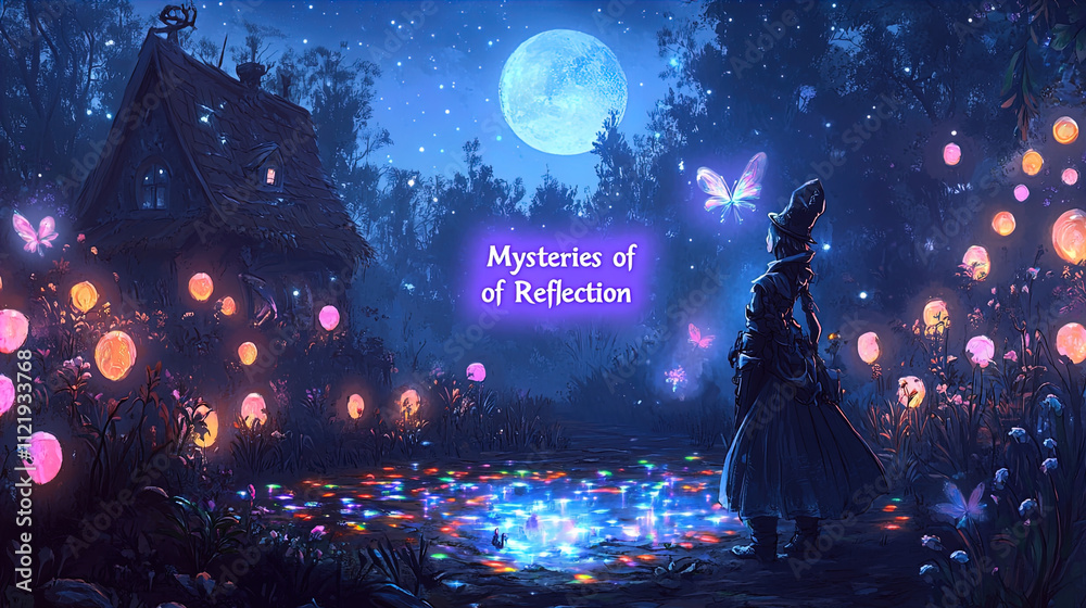 A mystical scene unfolds under a moonlit sky, where a figure adorned in ...