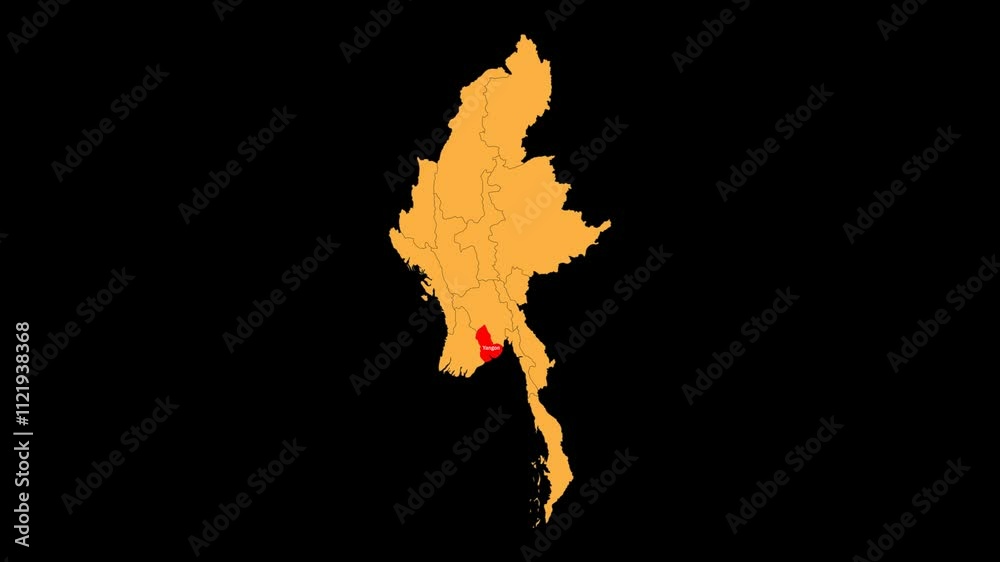 Yangon map animated video. The location is highlighted on the myanmar ...