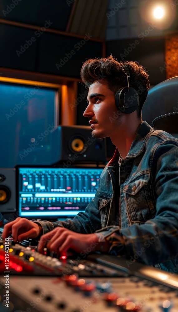 Voice actor in professional recording studio with ai transcription ...