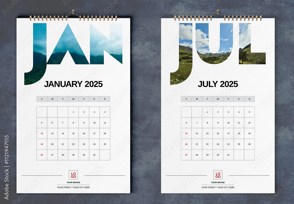 Typography Wall Calendar 2025 Layout Stock Template | Adobe Stock