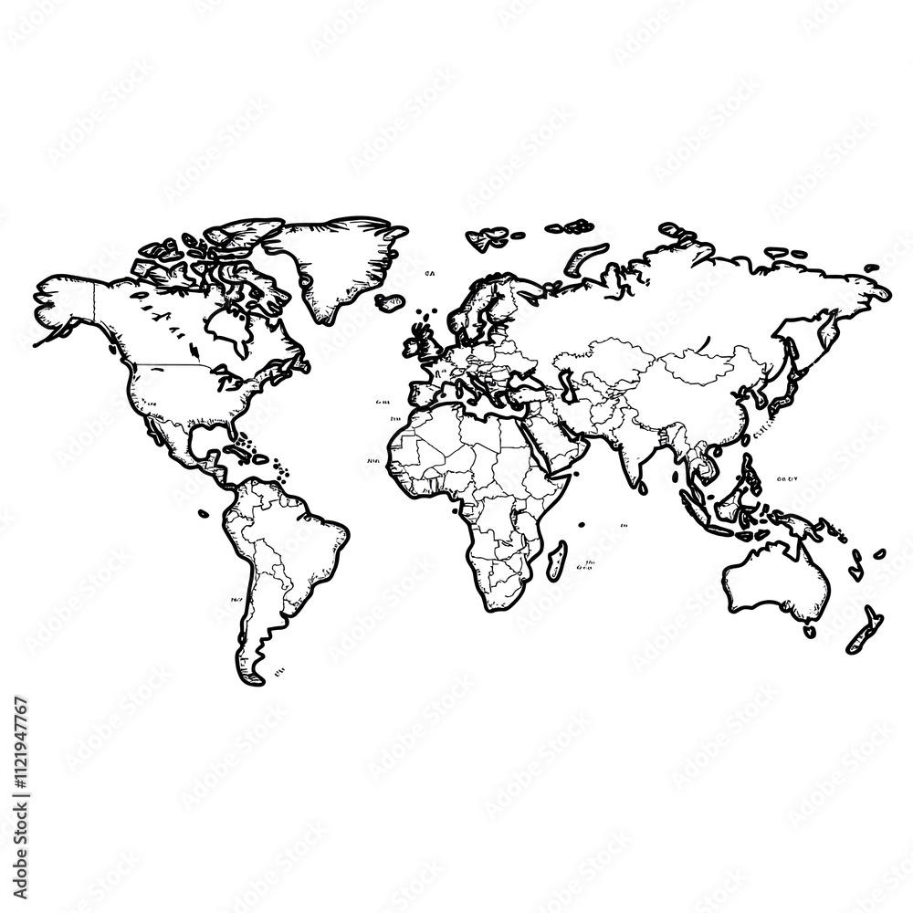 World map on isolated background. Blank outline map of World on white ...