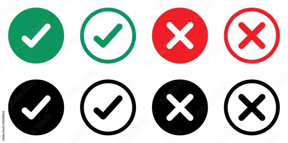 True and false button vector icon set with different color. Tick mark ...