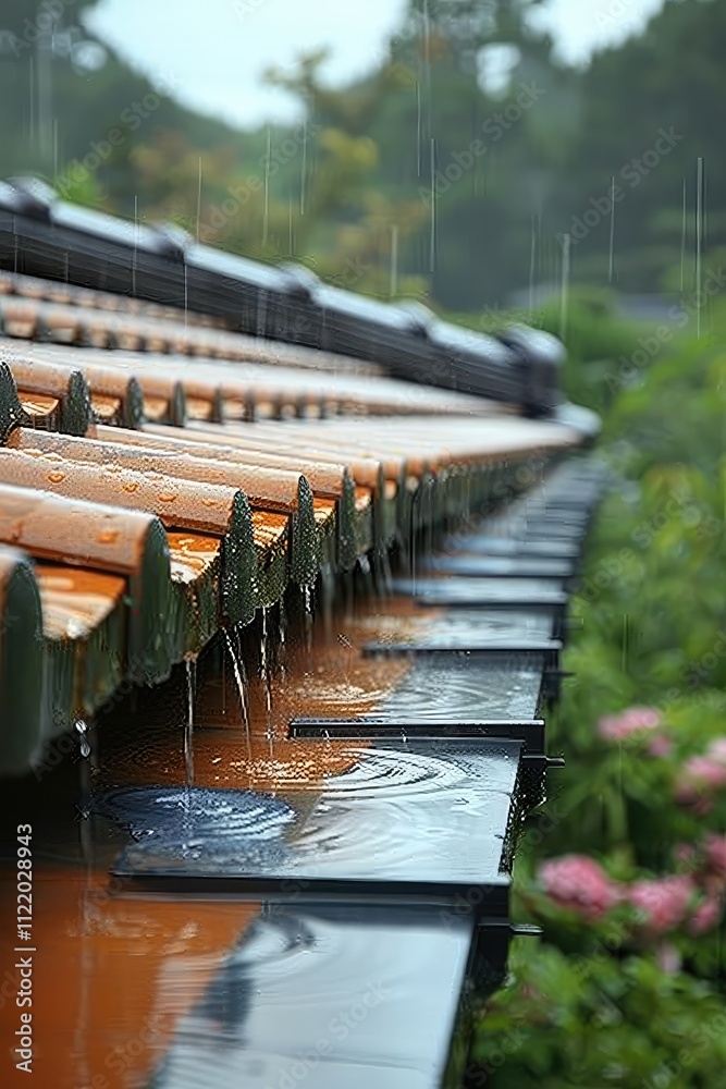 Close-up view of a rainwater drainage. Water cascades over a metal ...