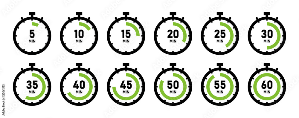 Timer, clock, stopwatch countdown icon set with 5 minutes gap in green ...