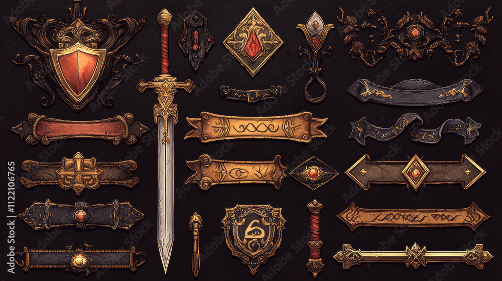 Medieval buttons, ui game menu elements, gold metal oblong banners and ...