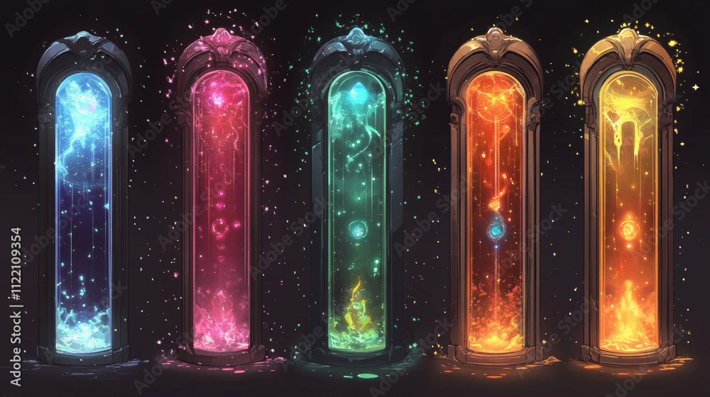 Magic portals, fantasy teleports on alien planet or fairy tale, 2d game ...