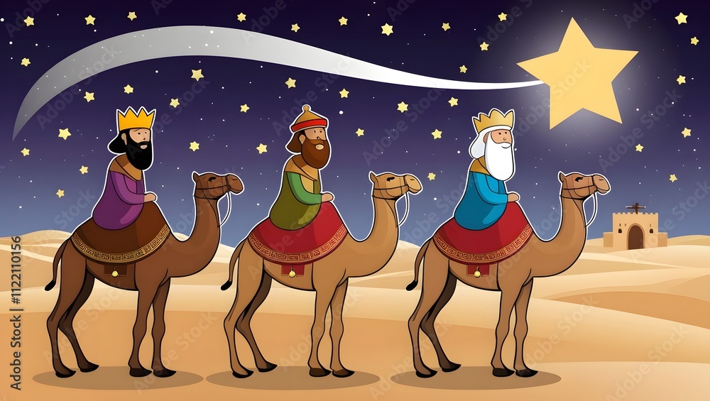 Tres Reyes Magos de Oriente sobre sus camellos, siguen la estrella ...