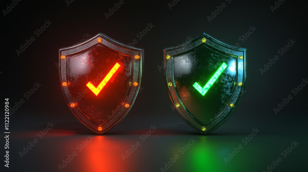 3D illustration set of green and red shield with check and cross marks ...