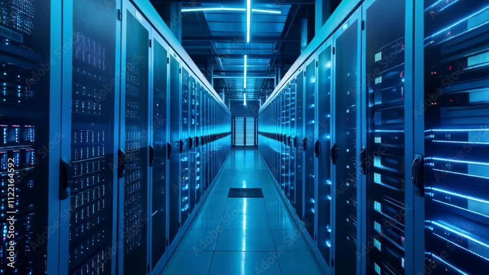 Data center with server rack cabinets. AI training cluster. Modern datacenter, supercomputer ...