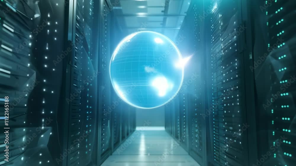 Data Center With Server Rack Cabinets Earth Globe Digital Hologram Modern Datacenter