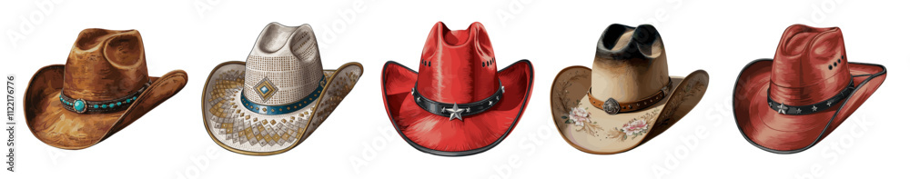 Set of different cowboy hats with traditional western decorations. Wild ...