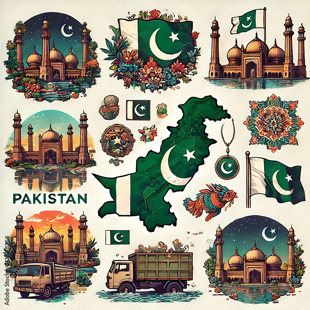 ภาพประกอบสต็อก Pakistan map with Pakistan flag. map isolated on white ...