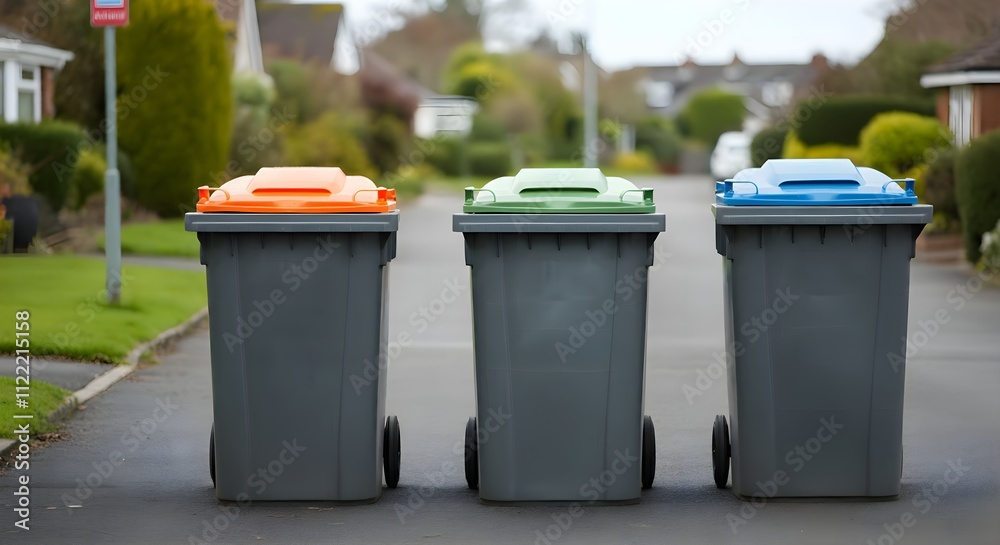 colorful street trash cans on the street. Containers Selective ...