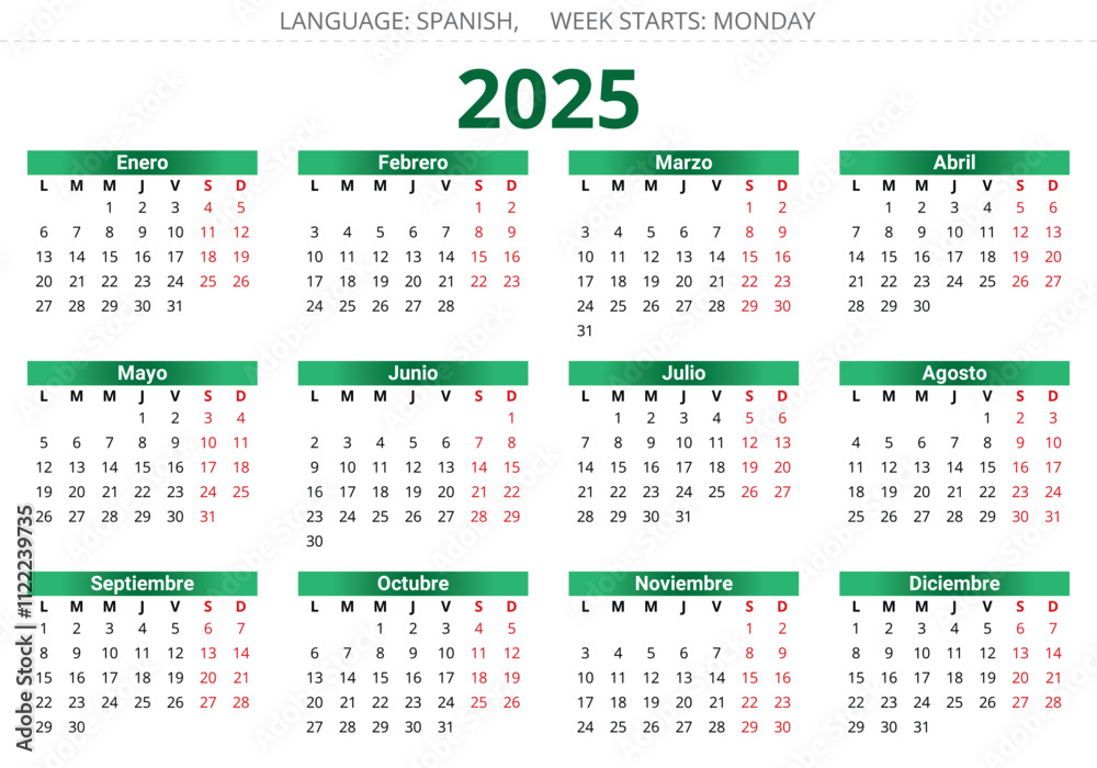 2025 spanish calendars. Vector illustration for Spain. Plan your year ...