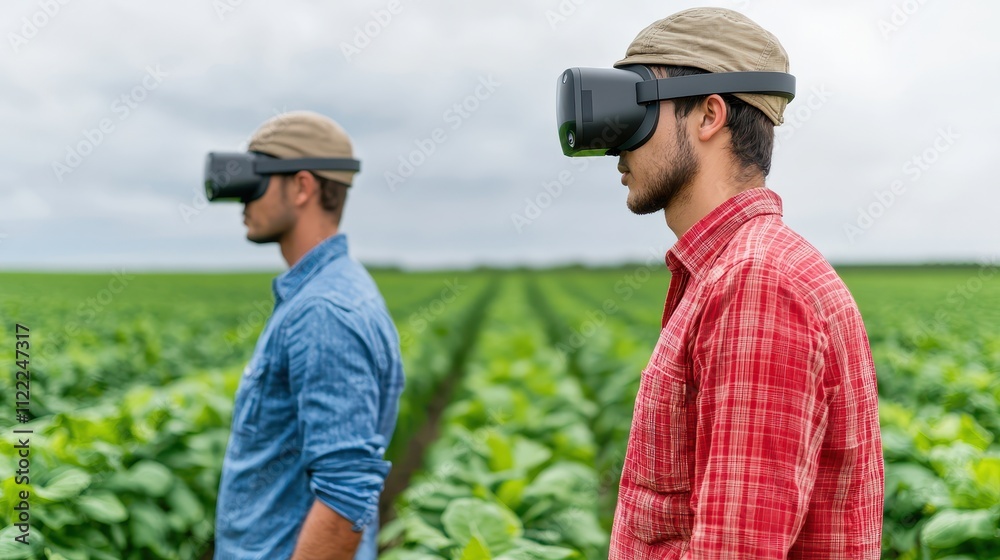 Two farmers wearing VR headsets stand in a lush green field, blending ...