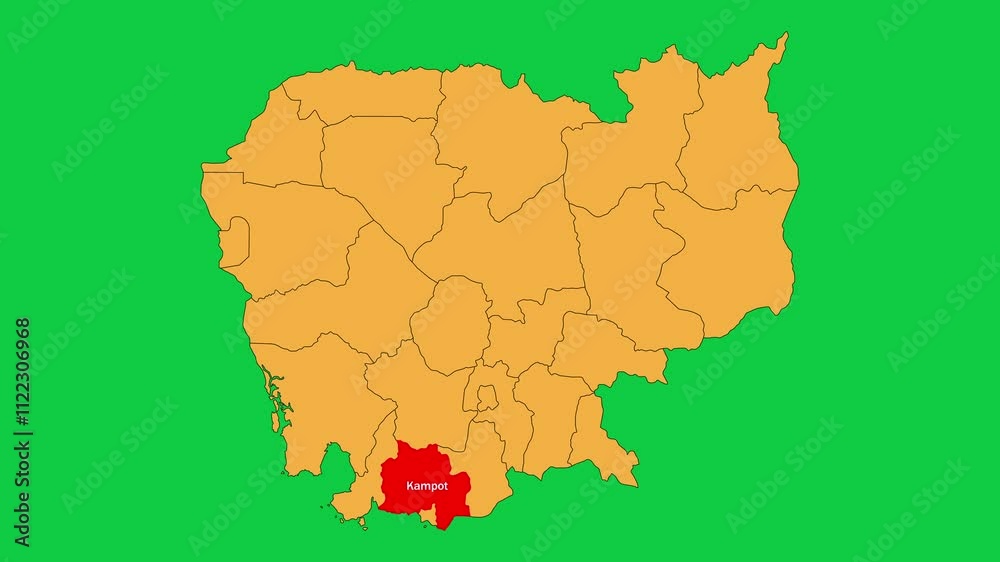 Kampot map animated video. The location is highlighted on the Cambodia ...