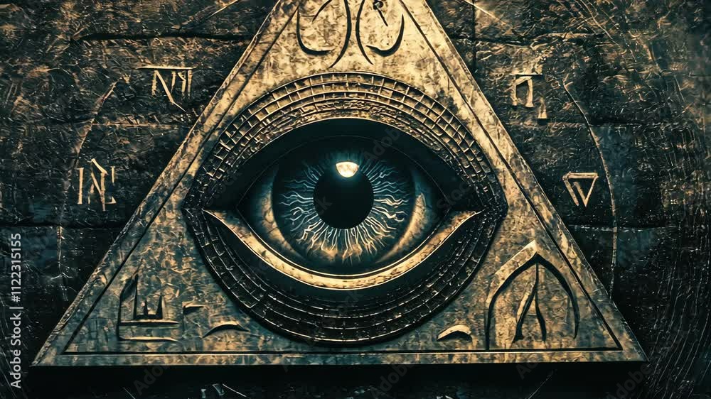 The All-Seeing Eye inside a triangle, encircled by ancient runes and ...