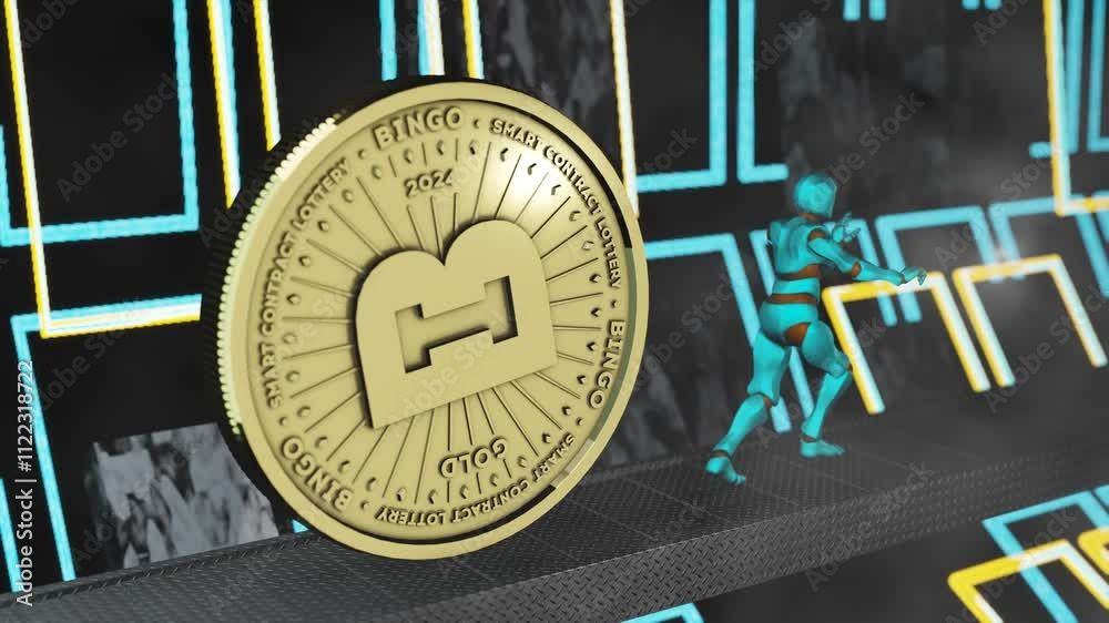 A humanoid robot runs away from a rolling Bitcoin coin in a vibrant ...