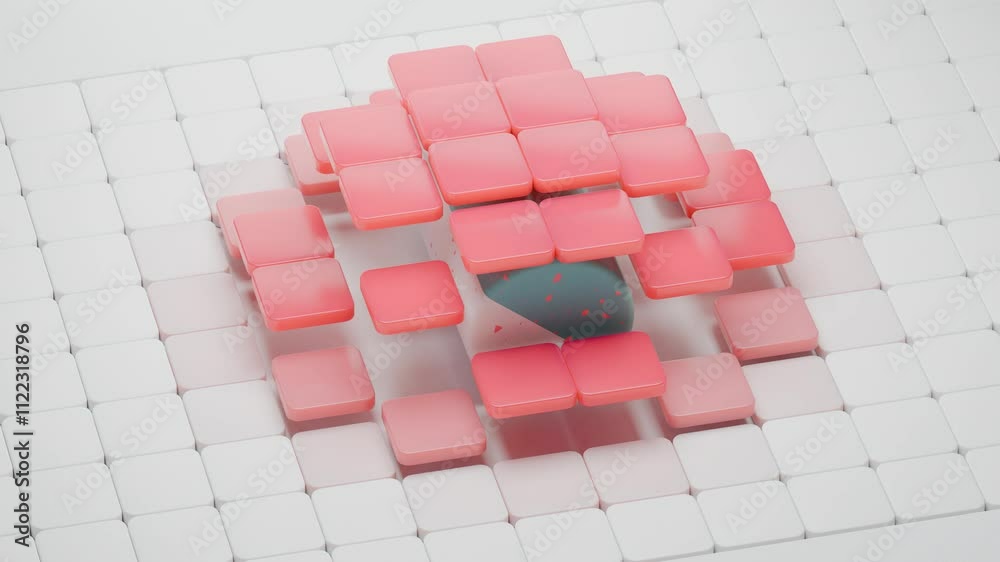 Abstract 3d animation of a moving cylinder above which white tiles rise ...