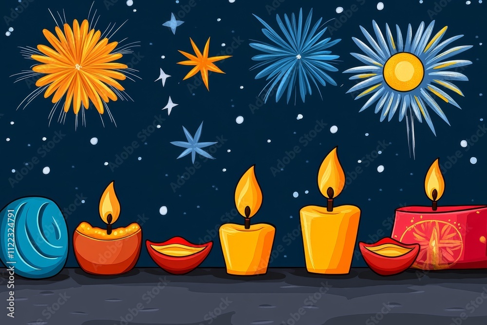 A pixel art scene of a Diwali celebration, with animated diyas ...