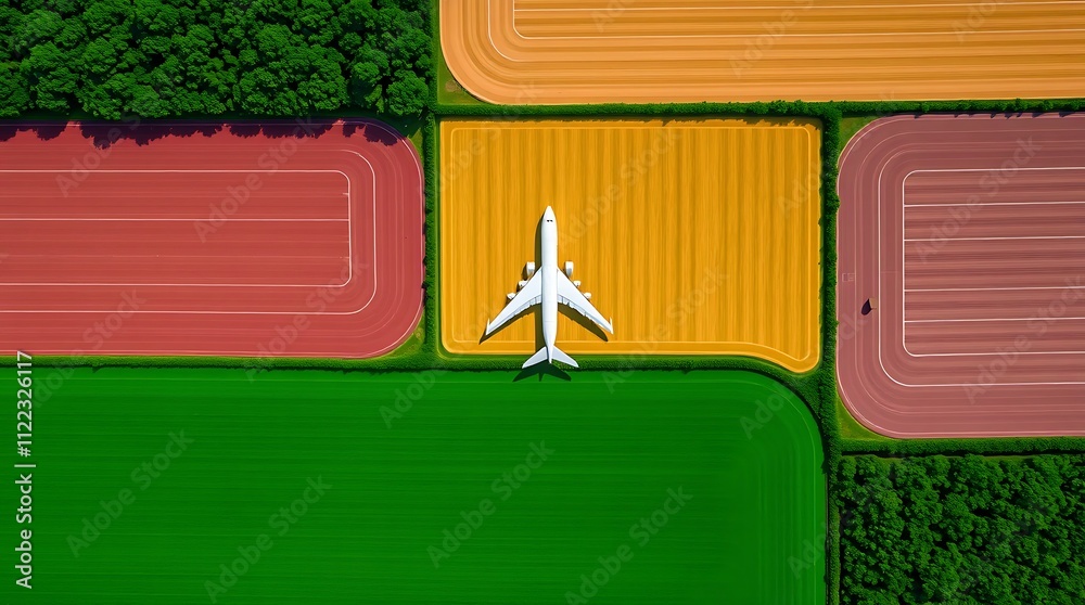 Shadow airplane flying above green field. Sustainable aviation fuel ...