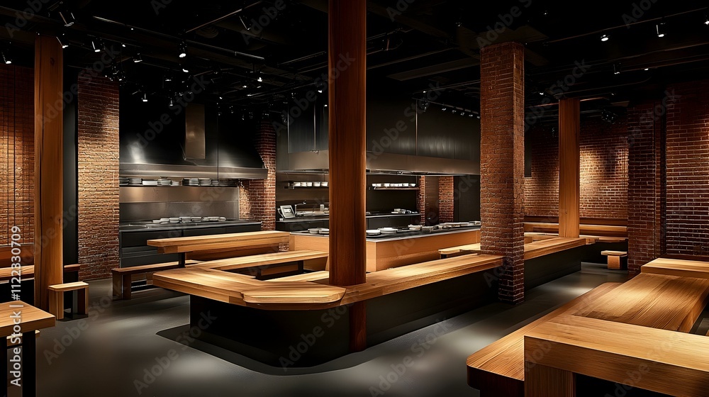 Modern restaurant interior design with exposed brick walls, wooden ...
