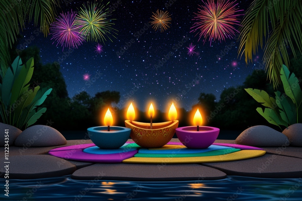 A pixel art scene of a Diwali celebration, with animated diyas ...